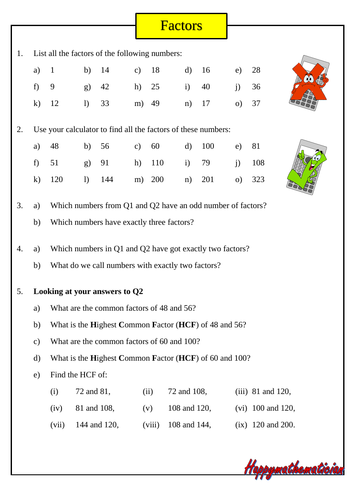 Factors Worksheet - with answers | Teaching Resources