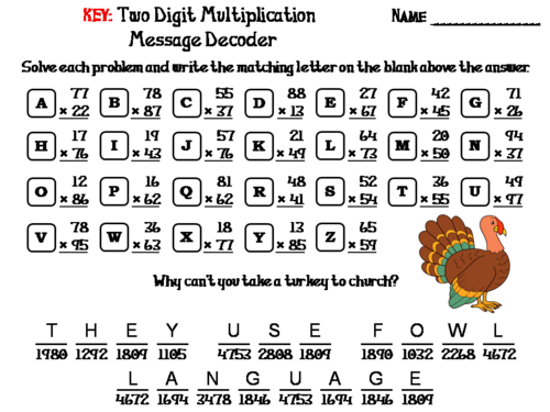 Two Digit Multiplication Thanksgiving Math Activity: Message Decoder ...