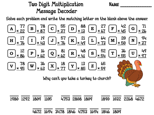 Two Digit Multiplication Thanksgiving Math Activity: Message Decoder ...