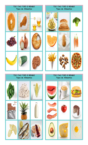 Food Types Spanish Legal Size Photo Tic-Tac-Toe or Bingo Card Game ...