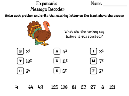 Exponents Thanksgiving Math Activity: Message Decoder | Teaching Resources
