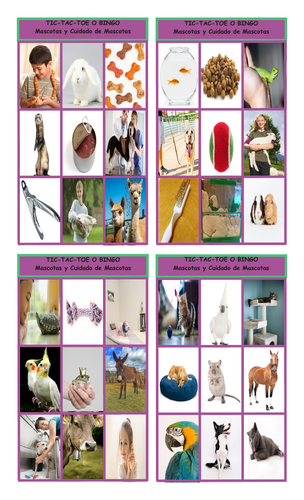 Pets and Pet Care Spanish Legal Size Photo Tic-Tac-Toe or Bingo Card ...