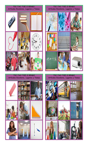 School Items, Places, and Subjects Spanish Legal Size Photo Tic-Tac-Toe ...