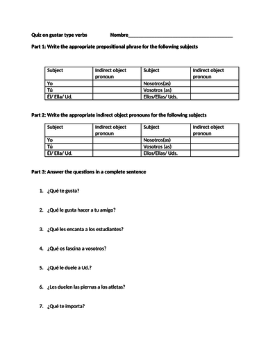 Quiz on gustar type verbs | Teaching Resources