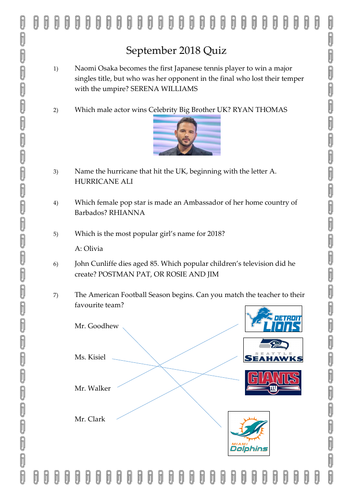 September UK and beyond Current Affairs Quiz | Teaching Resources