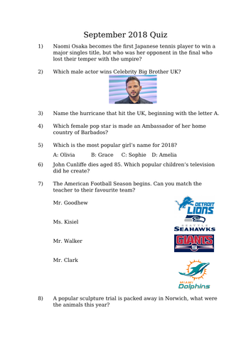 September UK and beyond Current Affairs Quiz | Teaching Resources