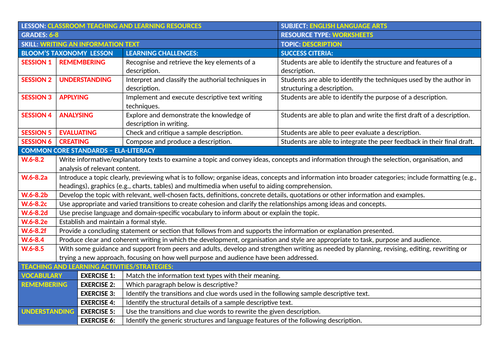 DESCRIPTION - INFORMATION TEXT - WORKSHEETS | Teaching Resources
