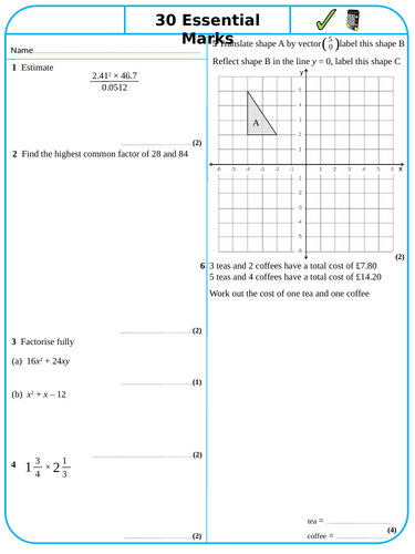 30 Essential Marks - Free Sample - Maths GCSE Revision Sheets - Higher ...