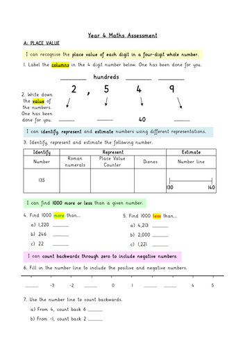 Year 4 Maths Assessment 1 - Place Value | Teaching Resources