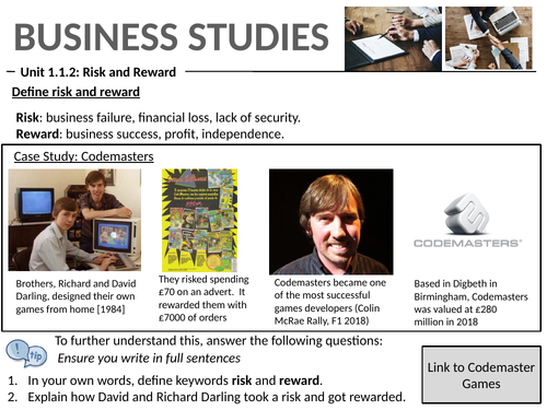 GCSE Business Studies (9-1) Edexcel Unit Enterprise 1.1.2 Risk and ...