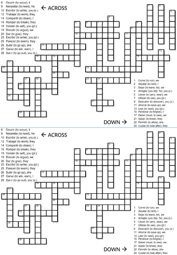 Crossword - Present Tense (Spanish): AR, IR, ER verbs | Teaching Resources