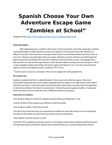 Spanish Choose Your Own Adventure Digital Escape Room "Zombies at ...