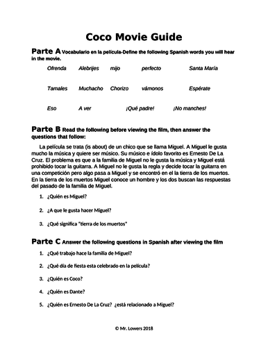 Disney Pixar Coco Movie Guide for Spanish Class No Prep Sub Plan ...