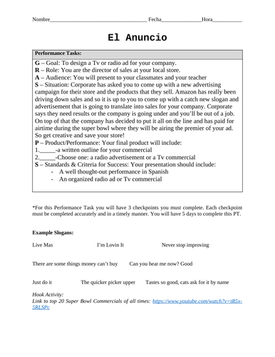 Spanish Performance Task: TV Commercial / Radio Ad Project for Store ...