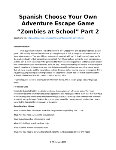 Spanish Choose Your Own Adventure Digital Escape Room "Zombies at ...