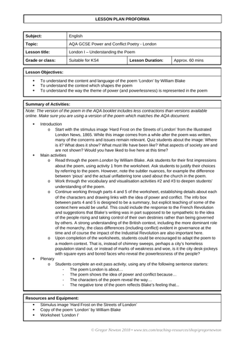 London (William Blake) for GCSE ~ worksheets and lesson plans for 3 ...