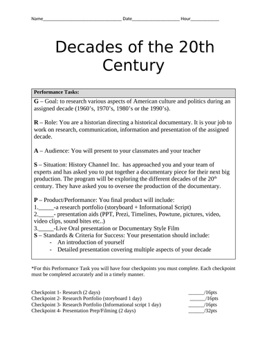 U.S. History Decades of the 20th Century Project Performance Task ...