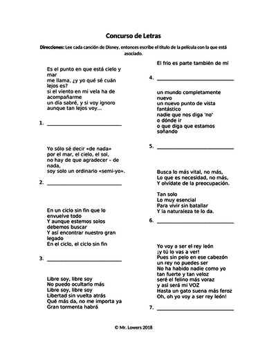 Disney Song Translation Fun Spanish Worksheet Activity / No Prep Sub ...