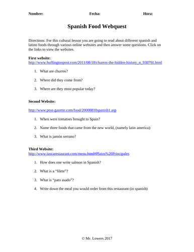 Spanish + Latino Foods Cultural Lesson Webquest | Teaching Resources