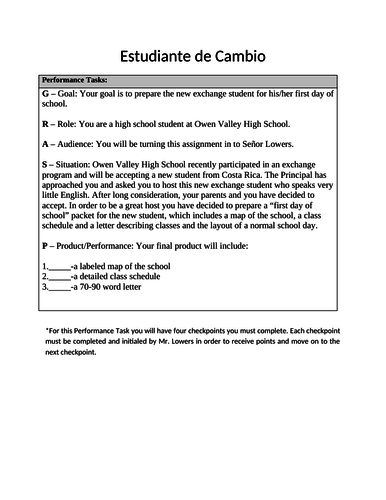 Performance Task Spanish Project Exchange Student School Vocab Class ...