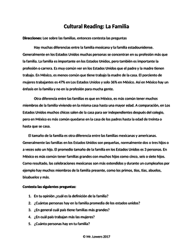 Spanish Cultural Reading La Familia Family No Prep Substitute Plan ...