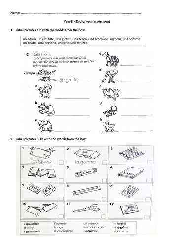 Year 8 - Italian End of Year Assessment | Teaching Resources