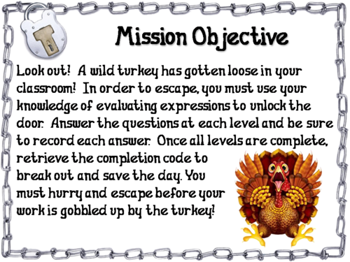 Evaluating Algebraic Expressions Game: Escape Room Thanksgiving Math ...