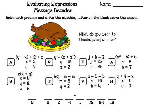 Evaluating Algebraic Expressions Thanksgiving Math Activity: Message ...