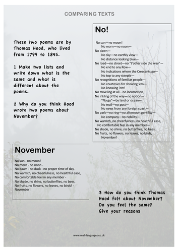 Seasonal poetry: November (by Thomas Hood). Reading and Writing ...