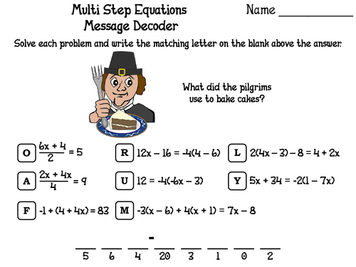 Solving Multi Step Equations Thanksgiving Math Activity: Message ...