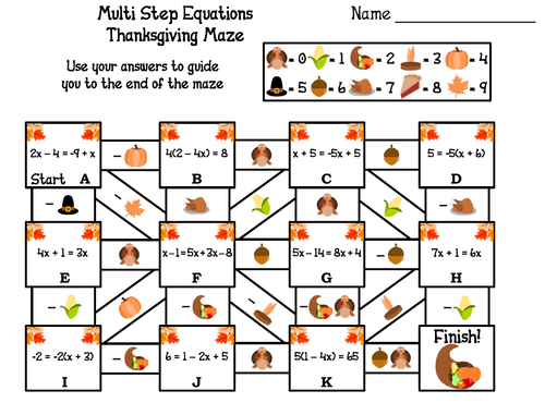 Solving Multi Step Equations Activity: Thanksgiving Math Maze ...