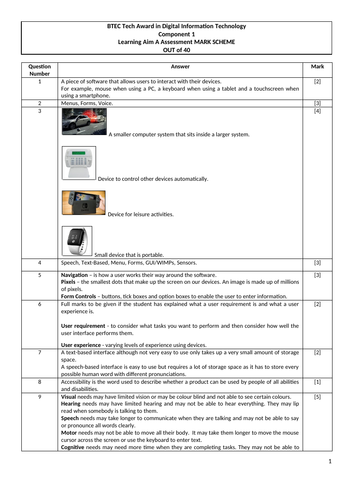 BTEC Tech Award in Digital Information Technology Learning Aim A Pack ...