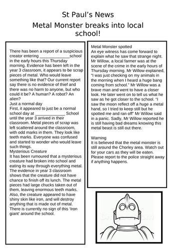 The Iron Man newspaper report writing | Teaching Resources