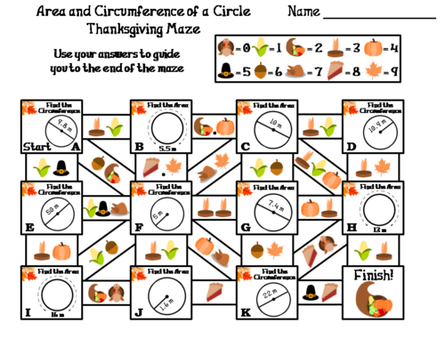 Area and Circumference of a Circle Activity: Thanksgiving Math Maze ...