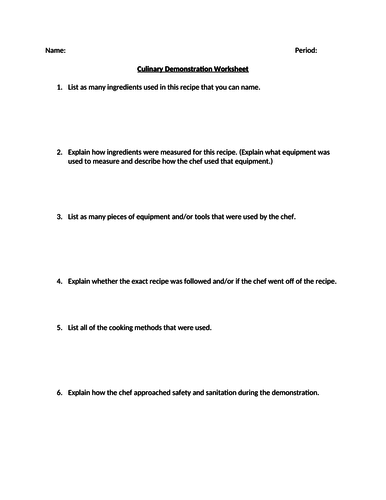Culinary Arts Demonstration Worksheet | Teaching Resources