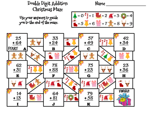 Double Digit Addition With and Without Regrouping Christmas Math Maze ...