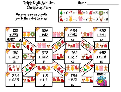 Triple Digit Addition With Regrouping Christmas Math Maze | Teaching ...