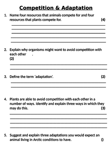NEW AQA GCSE Trilogy (2016) Biology - Competition & Adaptation Homework ...