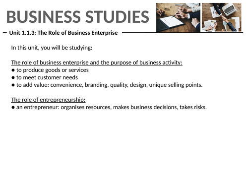 GCSE Business Studies (9-1) Edexcel Unit Enterprise 1.1.3 Role of ...