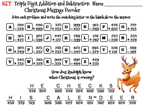 Triple Digit Addition and Subtraction Christmas Math Activity ...