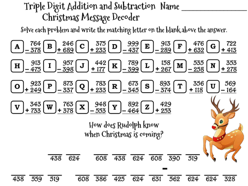 Triple Digit Addition and Subtraction Christmas Math Activity ...