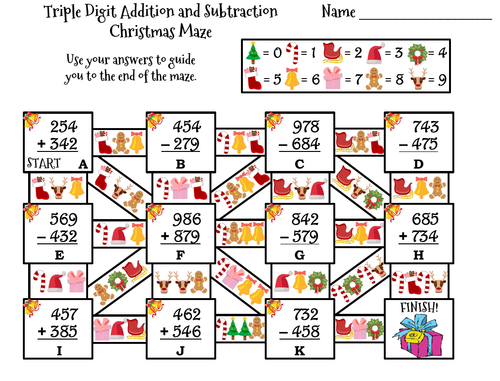 Triple Digit Addition and Subtraction Christmas Math Maze | Teaching ...