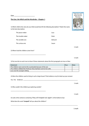 The Lion, The Witch and The Wardrobe Reading Comprehension Questions ...