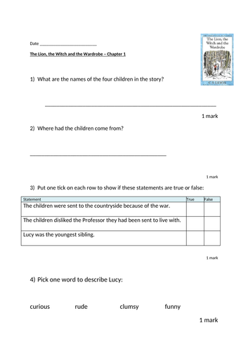 The Lion, The Witch and The Wardrobe Reading Comprehension Questions ...