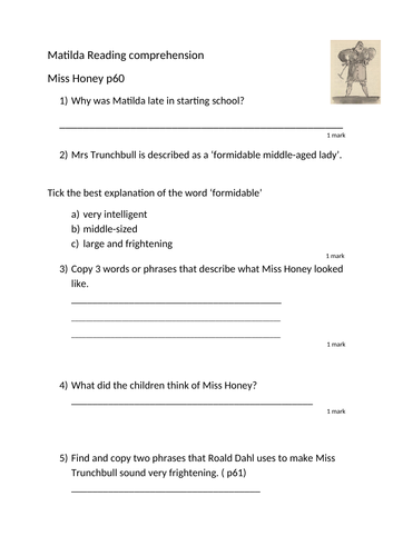 Matilda reading comprehension | Teaching Resources
