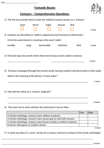 Fantastic Beasts Centaurs reading comprehension | Teaching Resources