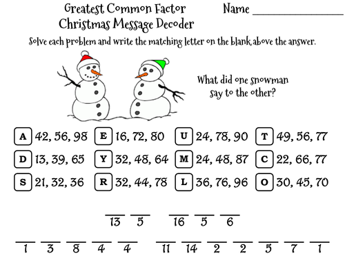 Greatest Common Factor Christmas Math Activity: Message Decoder ...