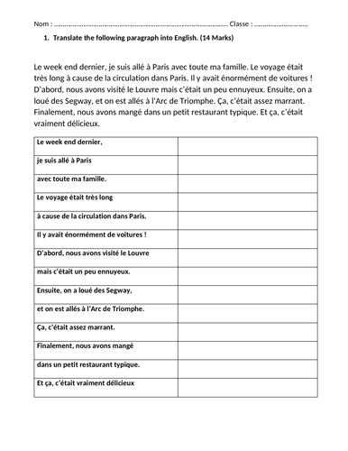 AQA GCSE Translation into French, Translation into English: A trip to ...