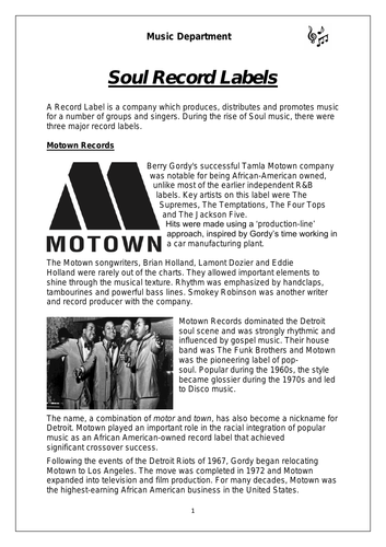 KS3 Music Cover Resource - Soul Music Record Labels | Teaching Resources
