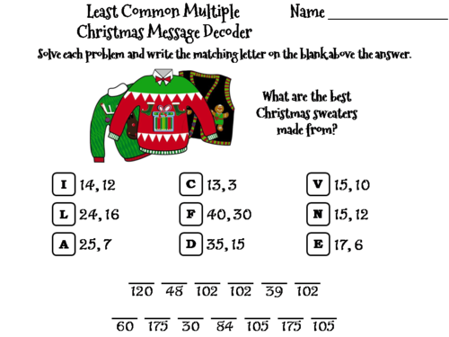 Least Common Multiple Christmas Math Activity: Message Decoder ...